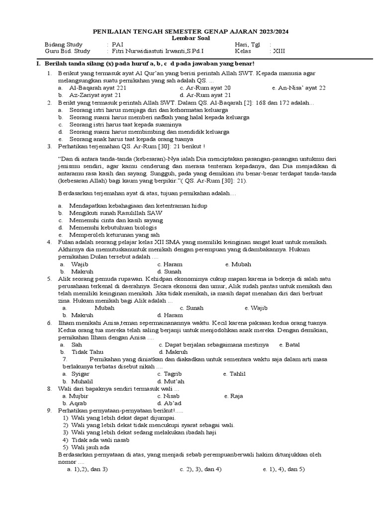 Soal Pai Pts Genap Kelas Xii 2023 Yapin | PDF
