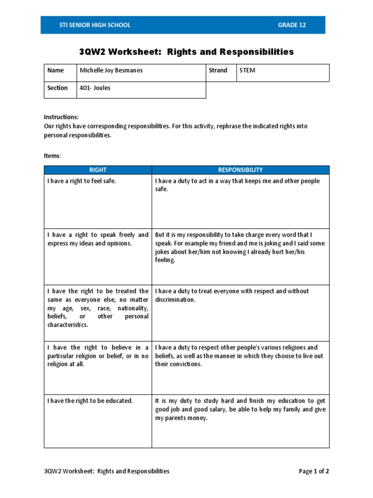 G123QW2 Worksheet - Rights and Responsibilities4-My-Responsibility | PDF