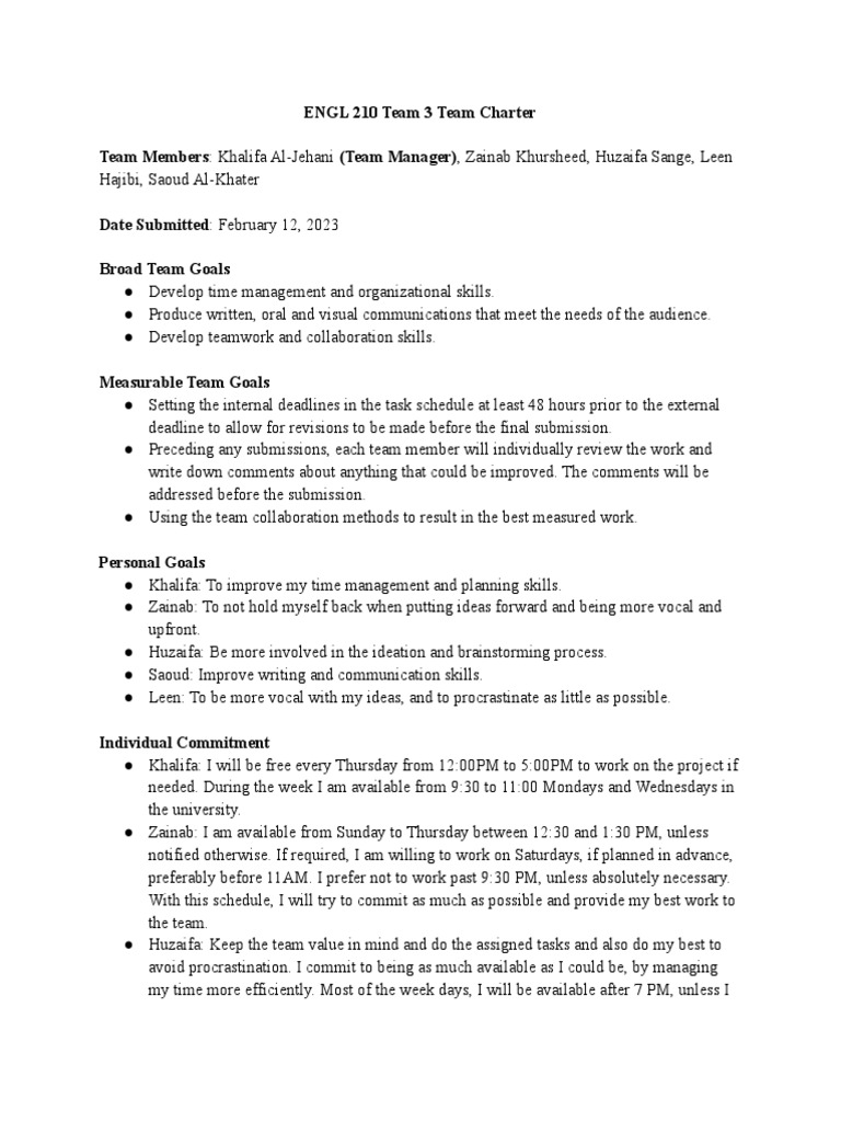 ENGL 210 Team 3 Charter Overview | PDF | Workweek And Weekend ...