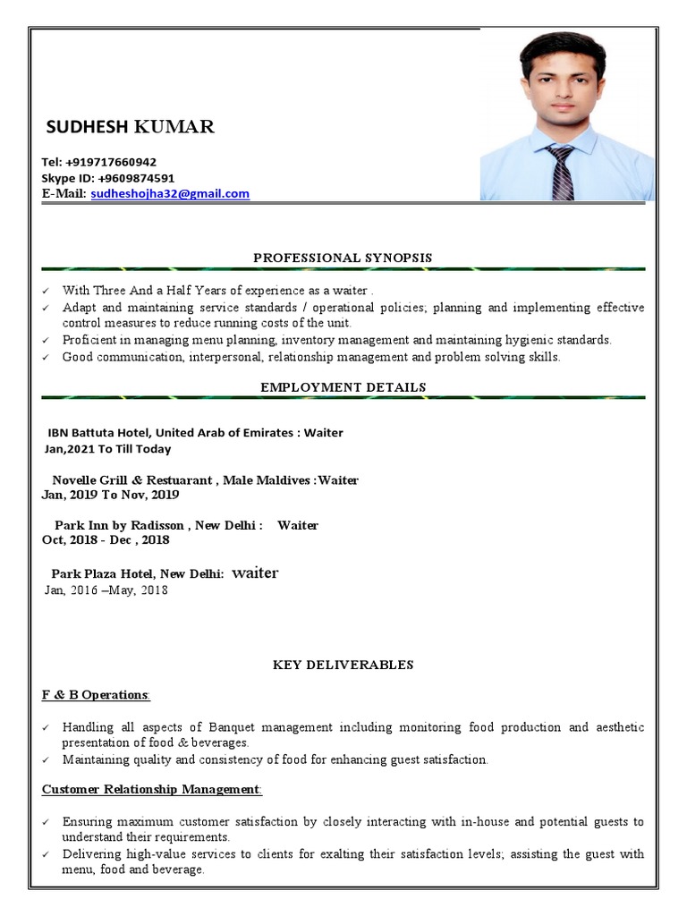 Sudhesh CV Updated'.docx' | PDF | Waiting Staff | Menu