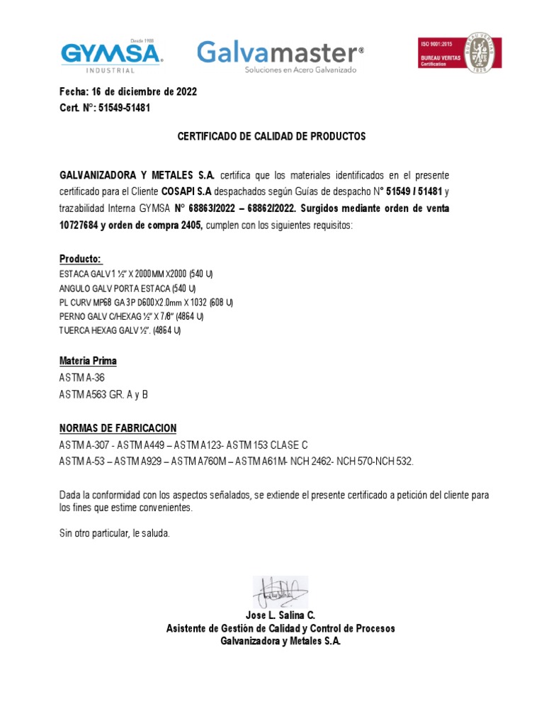 Carta Trazabilidad GALVANIZADORA Y METALES S.A - Cosapi 51549 161222022 | PDF