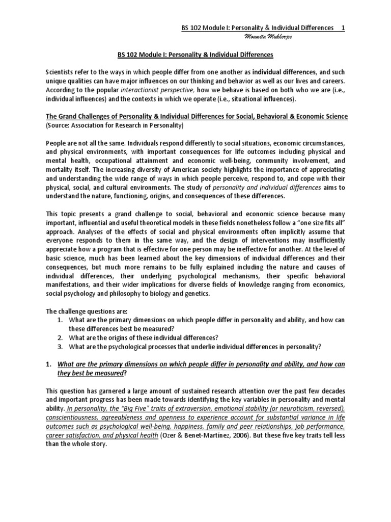 BS 102 Module Ib - Personality - Individual Differences PDF | PDF | Psychology | Cognitive Science