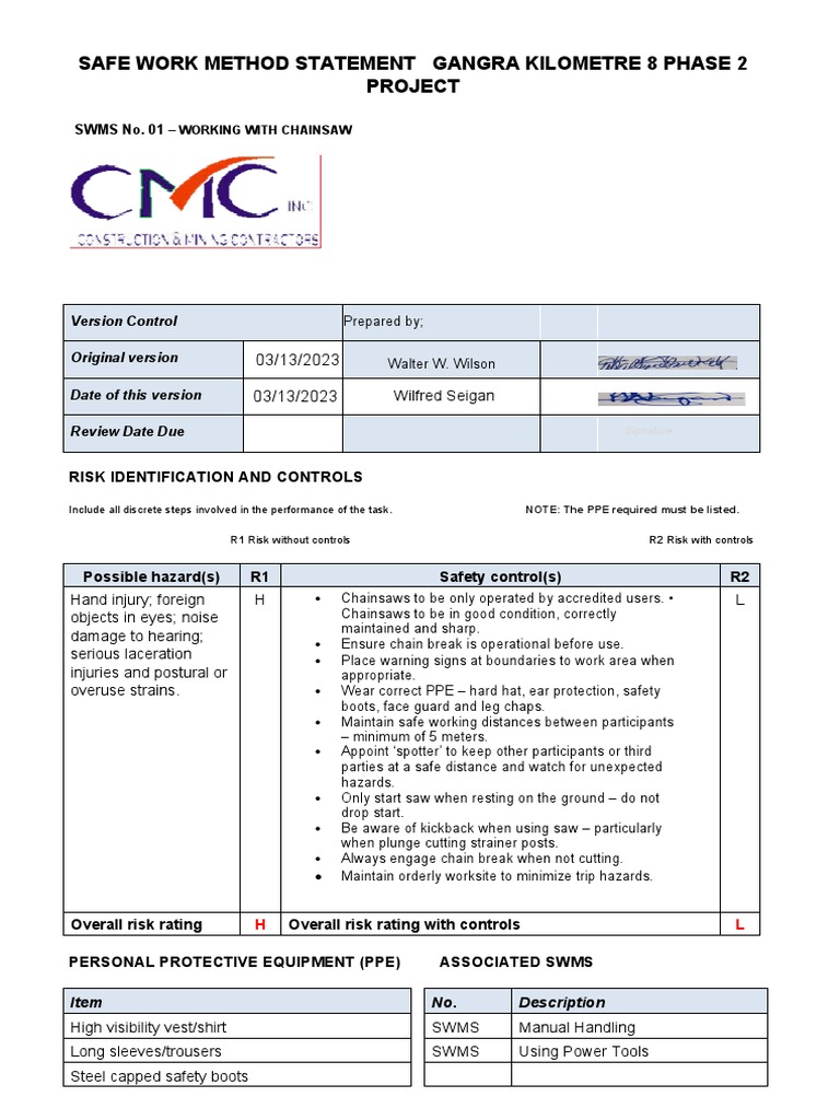 Safe Work Method Statement Gangra Kilometre 8 Phase 2 Project | PDF ...