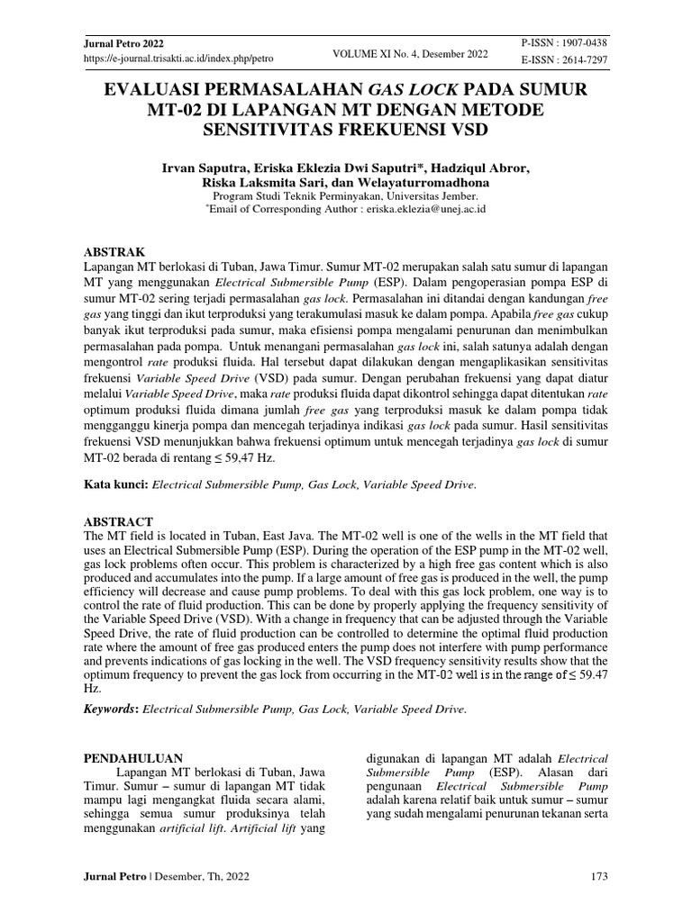 Evaluasi Permasalahan Gas Lock Pada Sumur Mt-02 Di Lapangan MT Dengan Metode Sensitivitas ...
