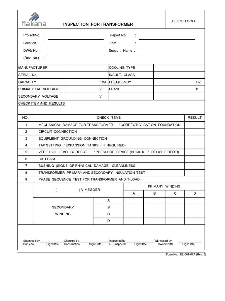 Electrica QC Check List | PDF | Transformer | Electrical Engineering