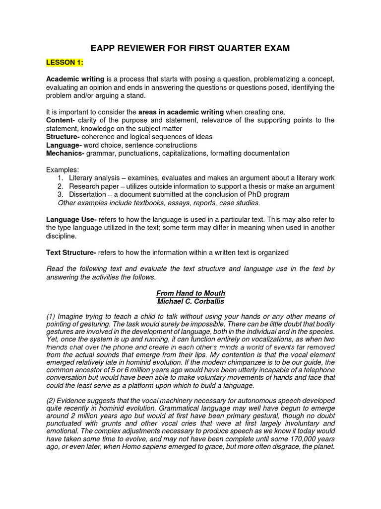 Eapp Reviewer For First Quarter Exam | PDF | Gesture | Speech