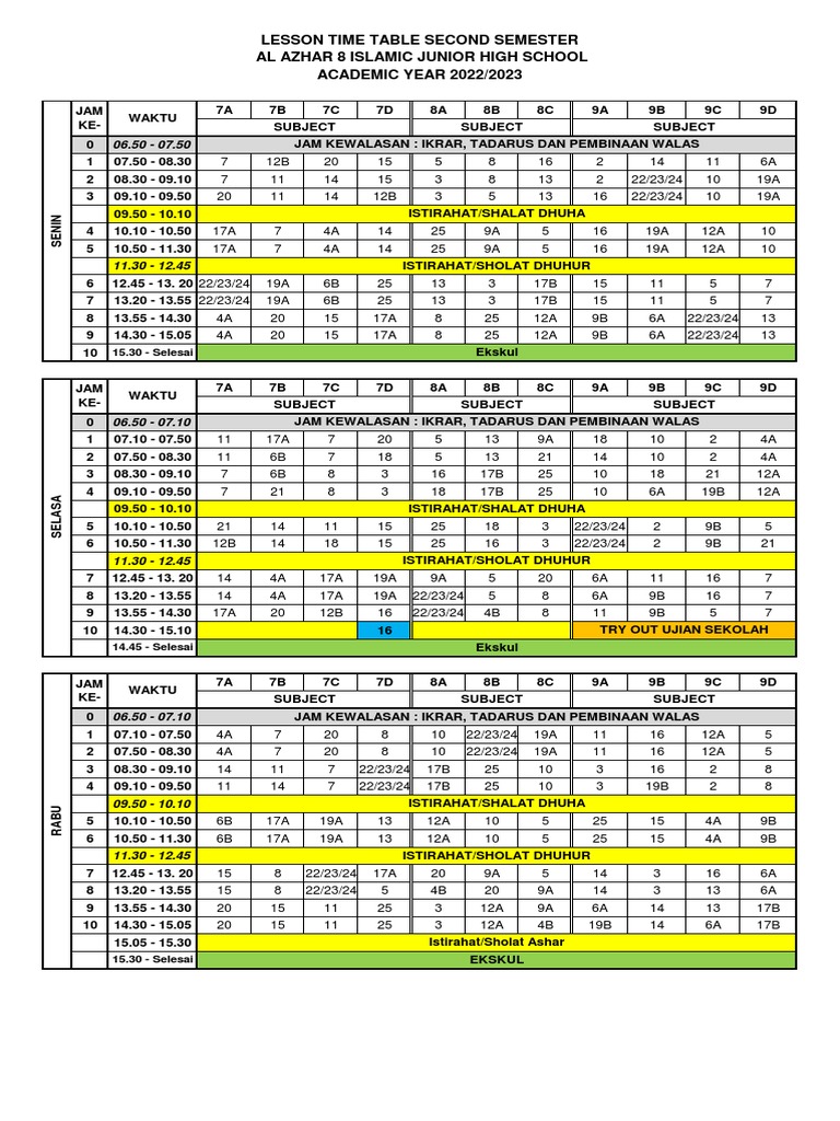 Al Azhar 8 Junior High Schedule | PDF