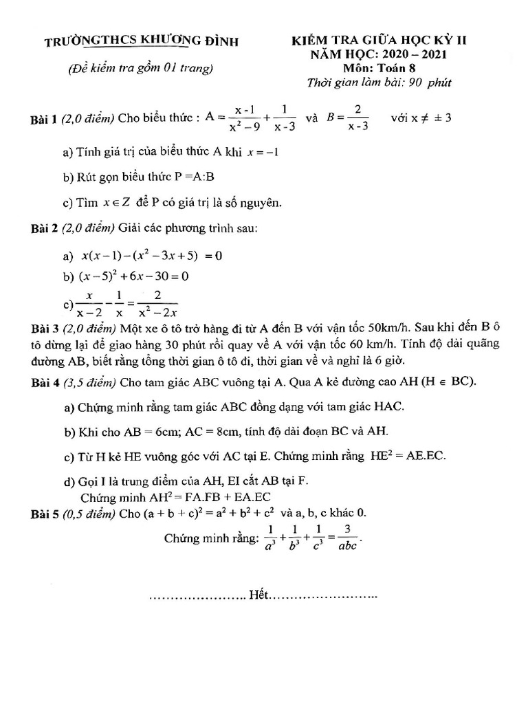 De Thi Giua Hoc Ky 2 Toan 8 Nam 2020 2021 Truong Thcs Khuong Dinh Ha Noi | PDF