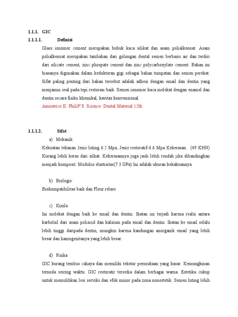 1.1.1. Gic 1.1.1.1. Definisi: Anusavice K. Philip'S Science Dental Material 12Th | PDF