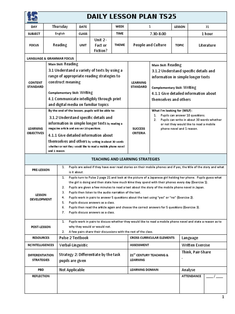 Form 1 Lesson 31 Reading | PDF | Lesson Plan | Information