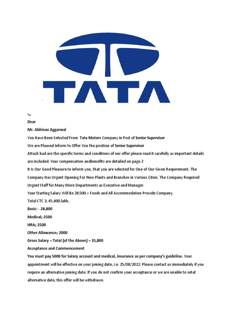 Offer Letter Tata Motor Mr. Abhinav | PDF | Identity Document | Justice