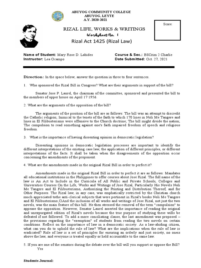 Rizal' Worksheet No. 1-17 | PDF