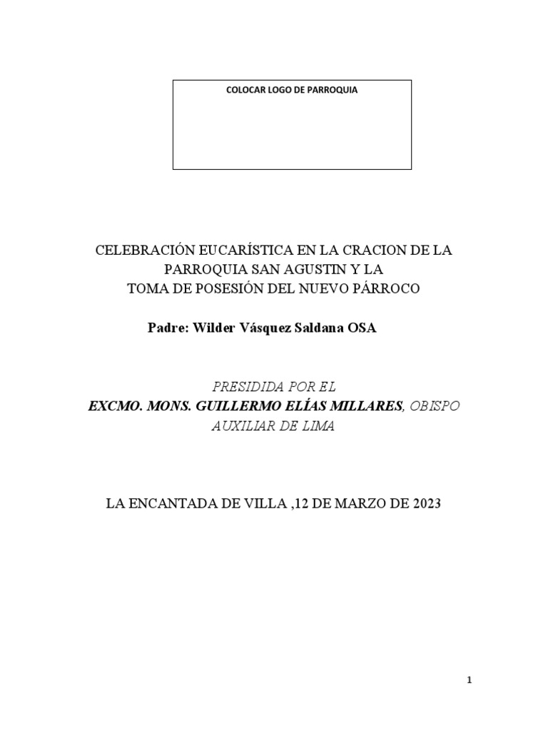Toma de Posesión del Párroco Wilder Vásquez | PDF | eucaristía | Misa (liturgia)