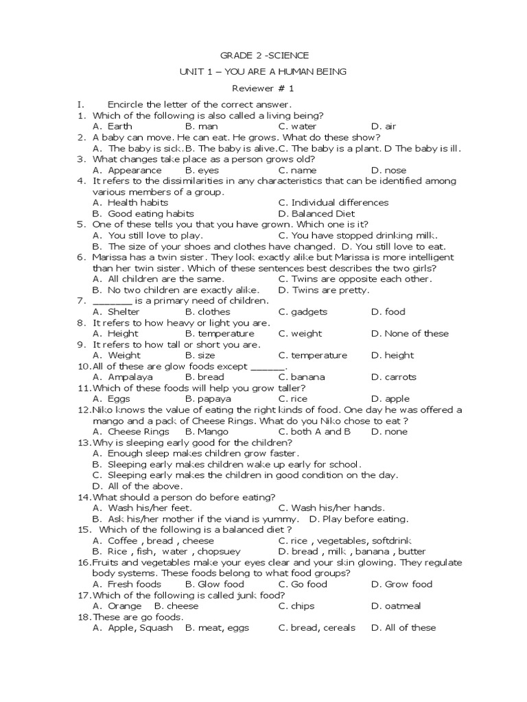 Grade 2 Science Quiz | PDF | Meal | Lunch
