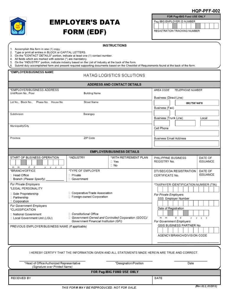 Employer's Data Form (EDF, HQP-PFF-002, V03.2) - CopyDOCX | PDF