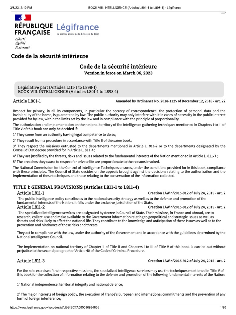 Intelligence Act - 2015 (France) | PDF