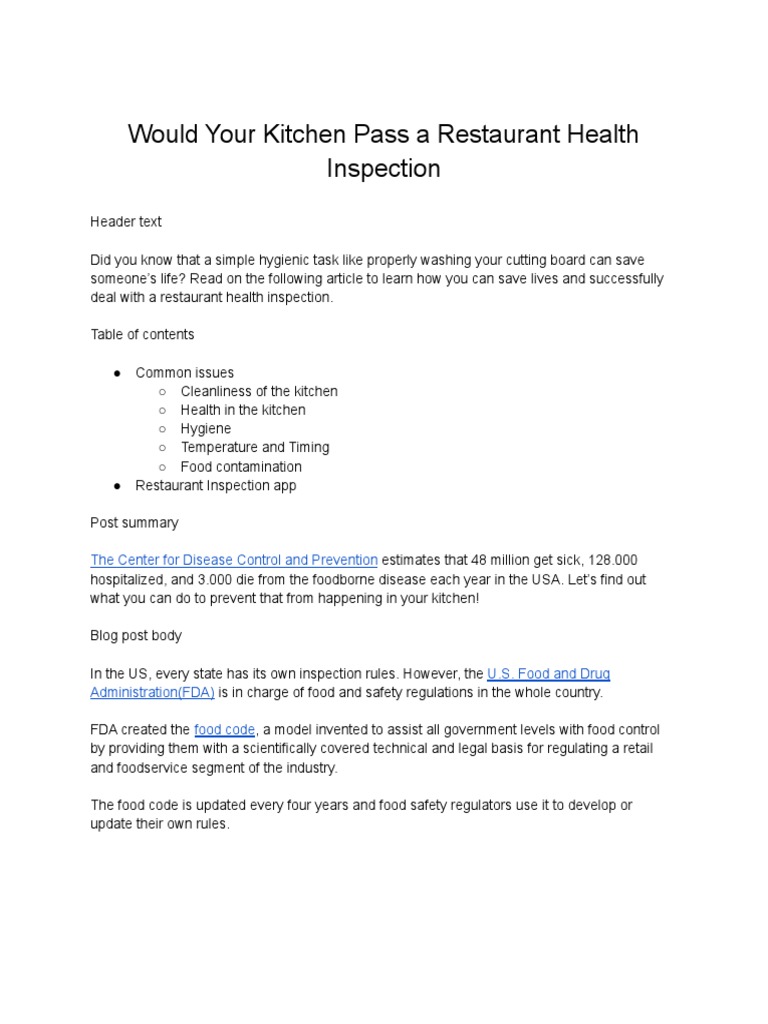 Kitchen Health Inspection Essentials | PDF | Hand Washing | Hygiene