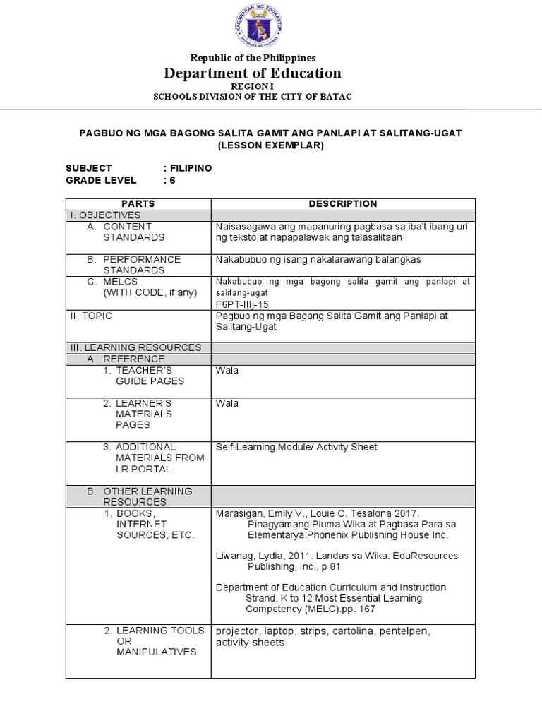 Lesson Exemplar in Filipino 6 (Panlapi) | PDF