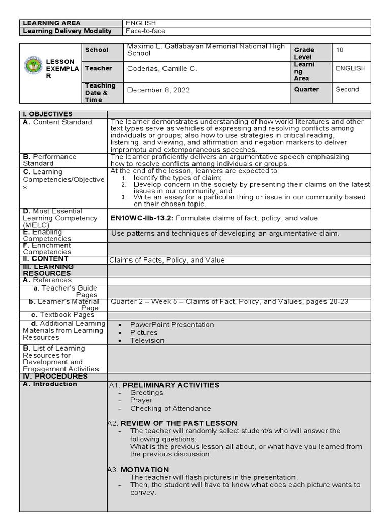 Ms. Camille Idea Lesson Exemplar | PDF | Learning | Teachers