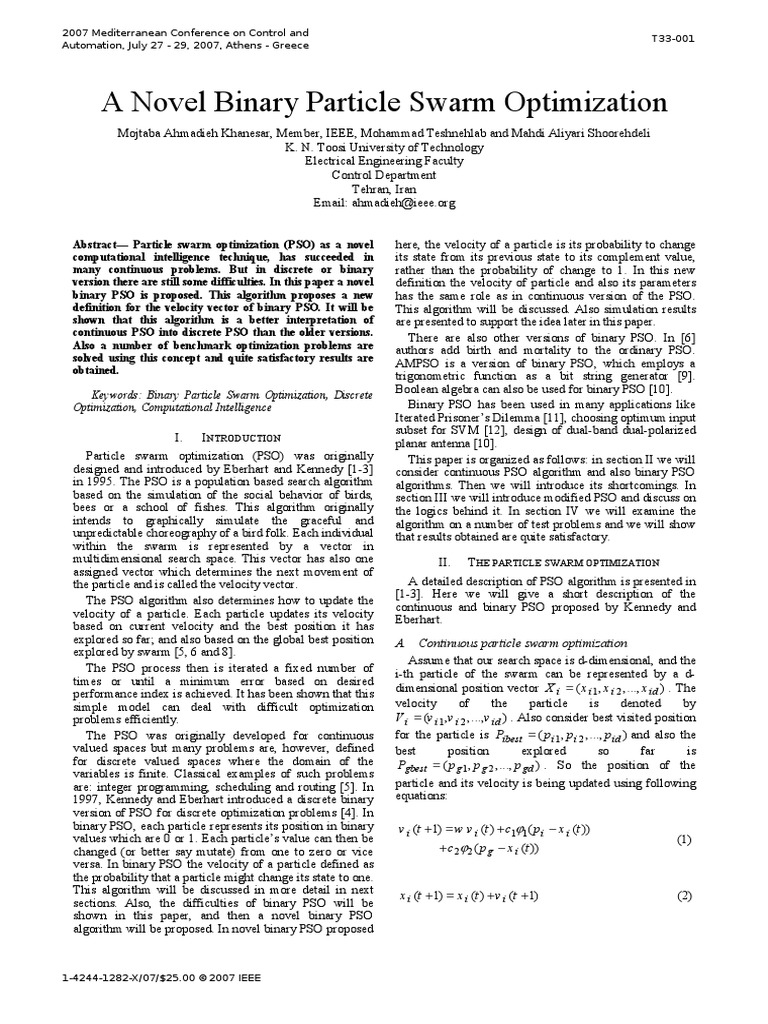 A Novel Binary Particle Swarm Optimization Pdf Mathematical Optimization Applied Mathematics