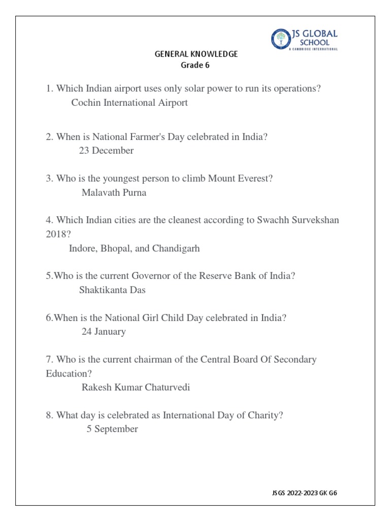 General Knowledge Grade 6: JSGS 2022-2023 GK G6 | PDF