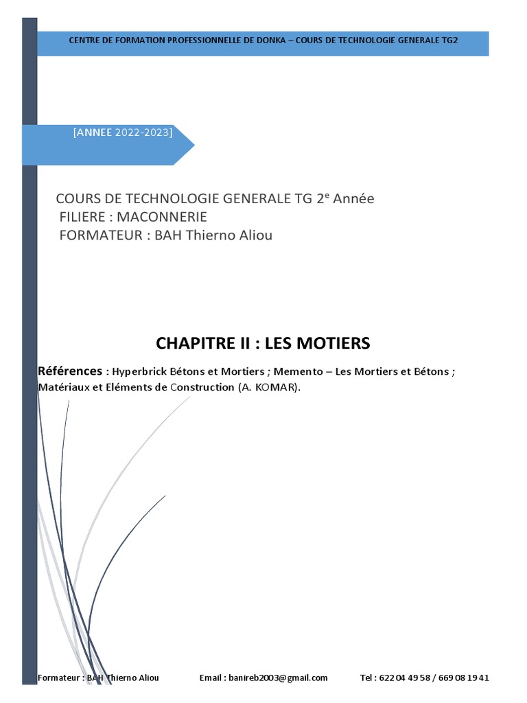Chapitre II - Les Mortiers - Tg2 2022-2023 | PDF | Mortier (matériau) | Ciment