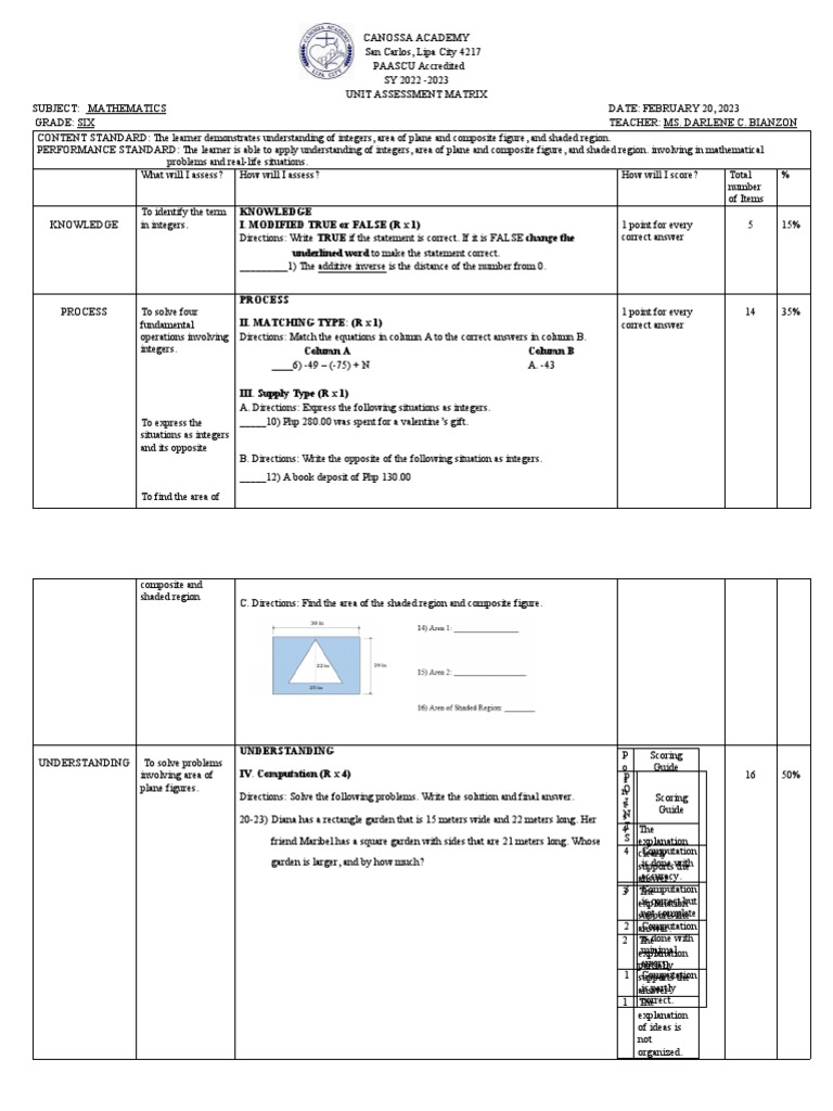 Grade 6 Matrix 1 | PDF | Understanding | Cognition