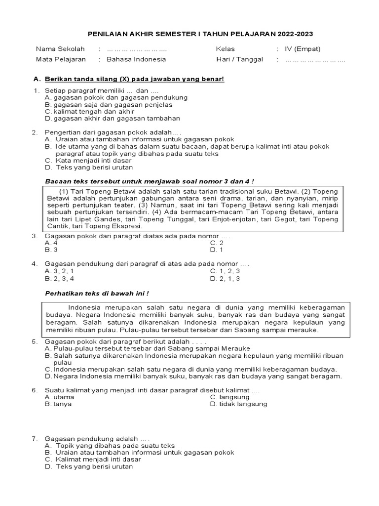 Soal Pas Sem 1 B.indo Kelas 4 | PDF