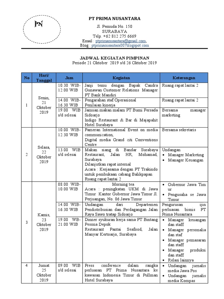 AGENDA KERJA PIMPINAN SITI FATIMAH Me | PDF