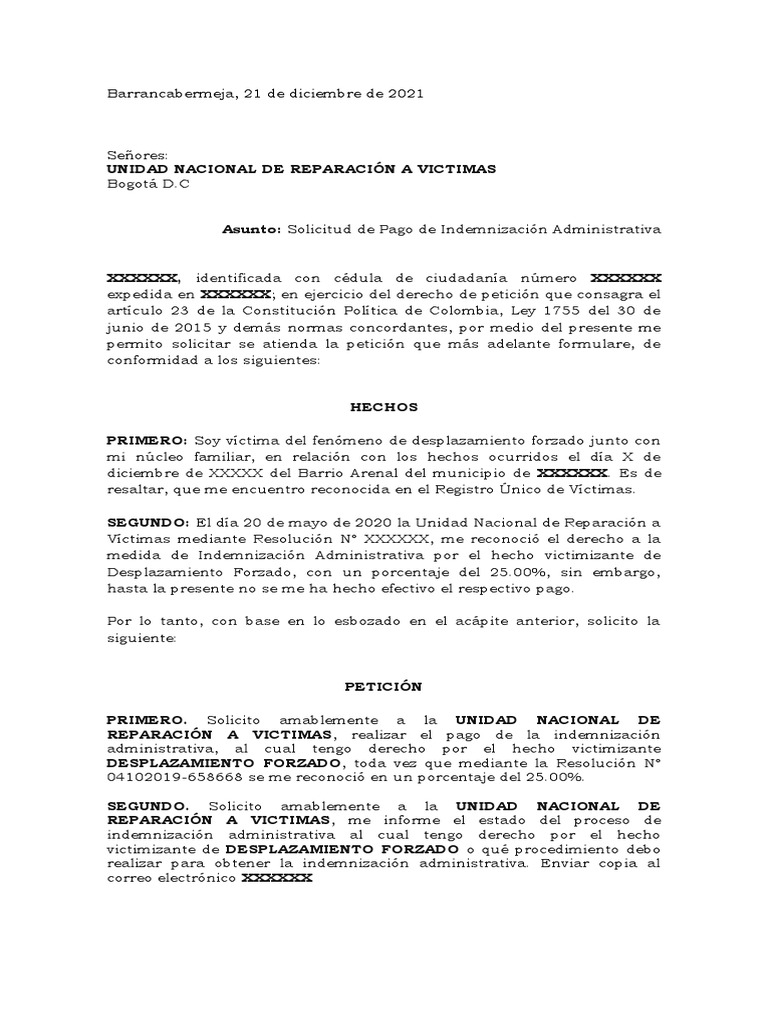 Modelo Solicitud De Pago De Indemnización Pdf Gobierno Justicia