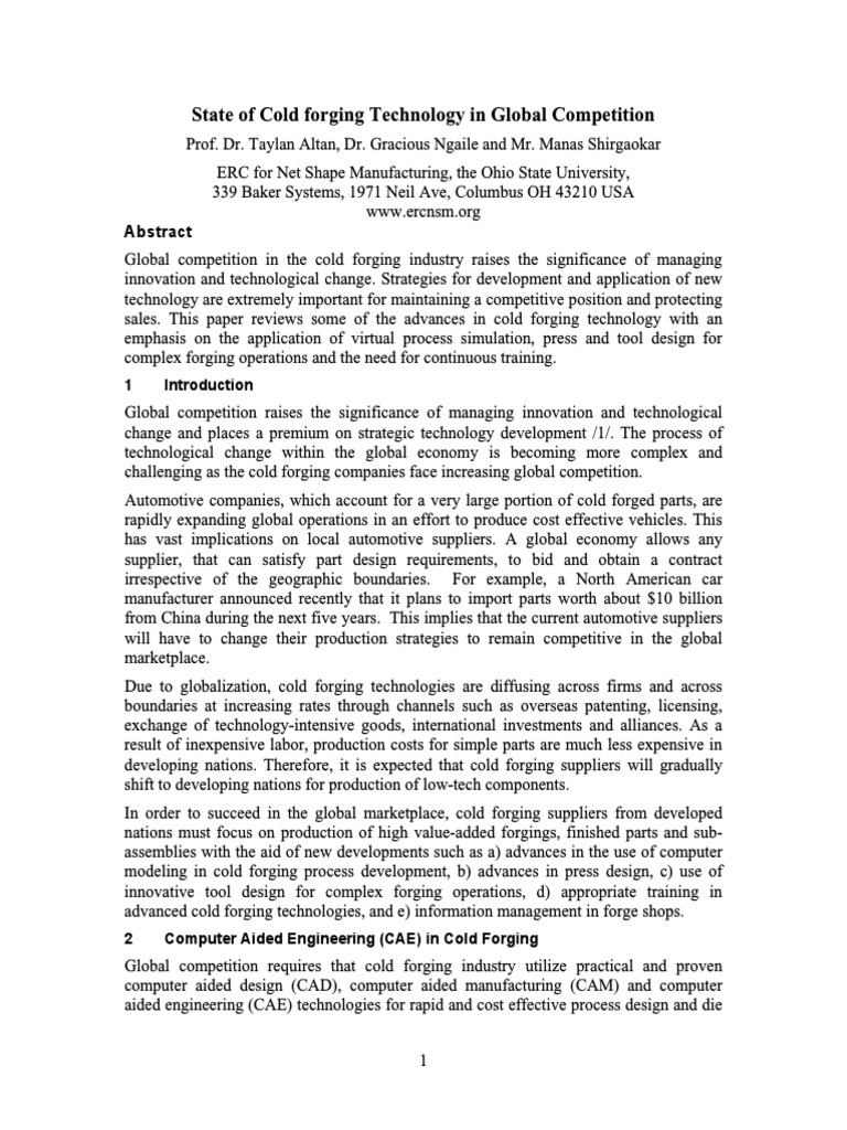 State of Cold Forging Technology in Global Competition - Net Shape PDF ...