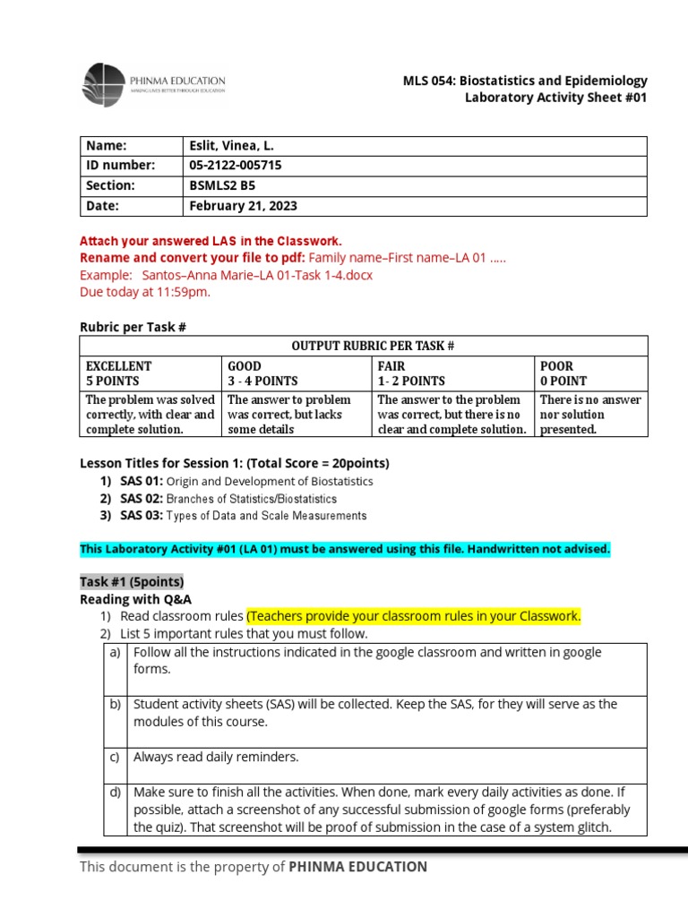 Eslit-Vinea-LA 01-Task 1-4 | Download Free PDF | Statistics | Biostatistics