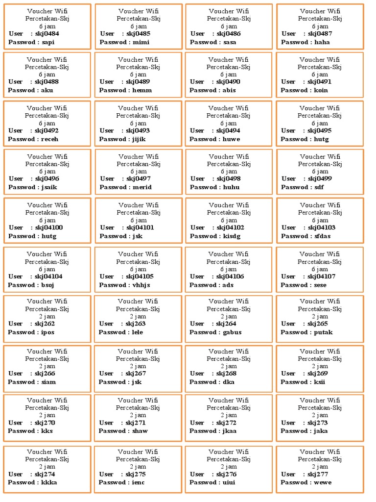 Percetakan Skj WiFi Voucher List - Multiple Time Periods and Passwords ...