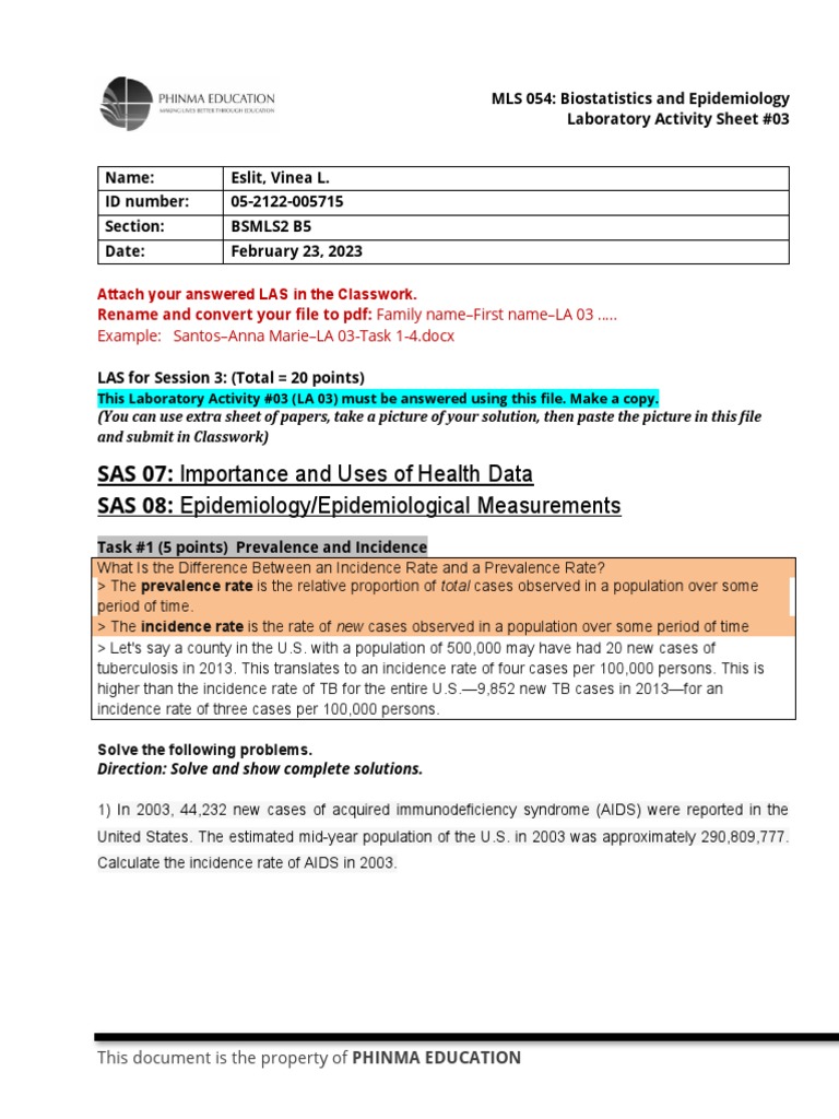 Biostatistics Lab Activity #03 | PDF | Incidence (Epidemiology) | Mortality Rate