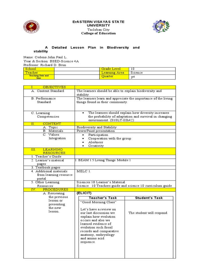 A-Detailed-Lesson-Plan-in - BIODIVERSITY AND STABILITY FINAL | PDF | Learning | Teachers