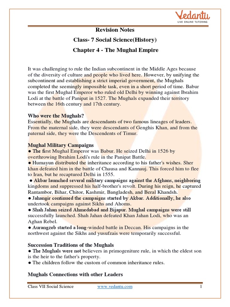 CBSE Class 7 History Chapter 4 Notes - The Mughal Empire PDF | PDF ...