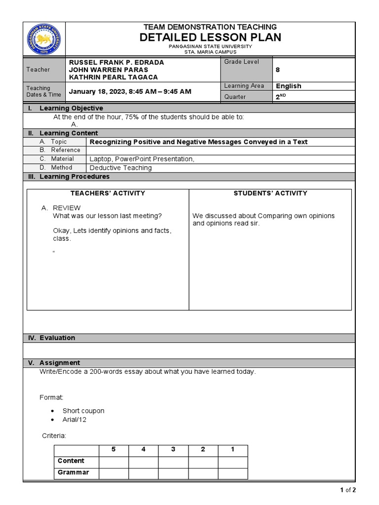 Detailed Lesson Plan Grade8 | PDF