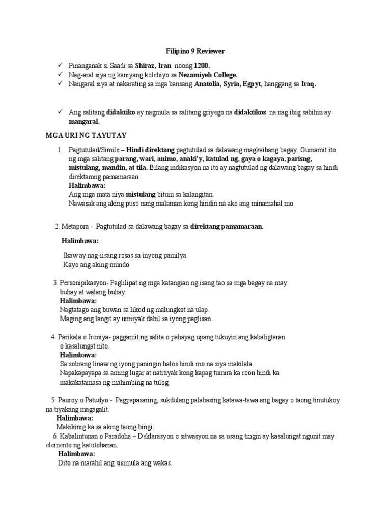 Filipino 9 Reviewer | PDF