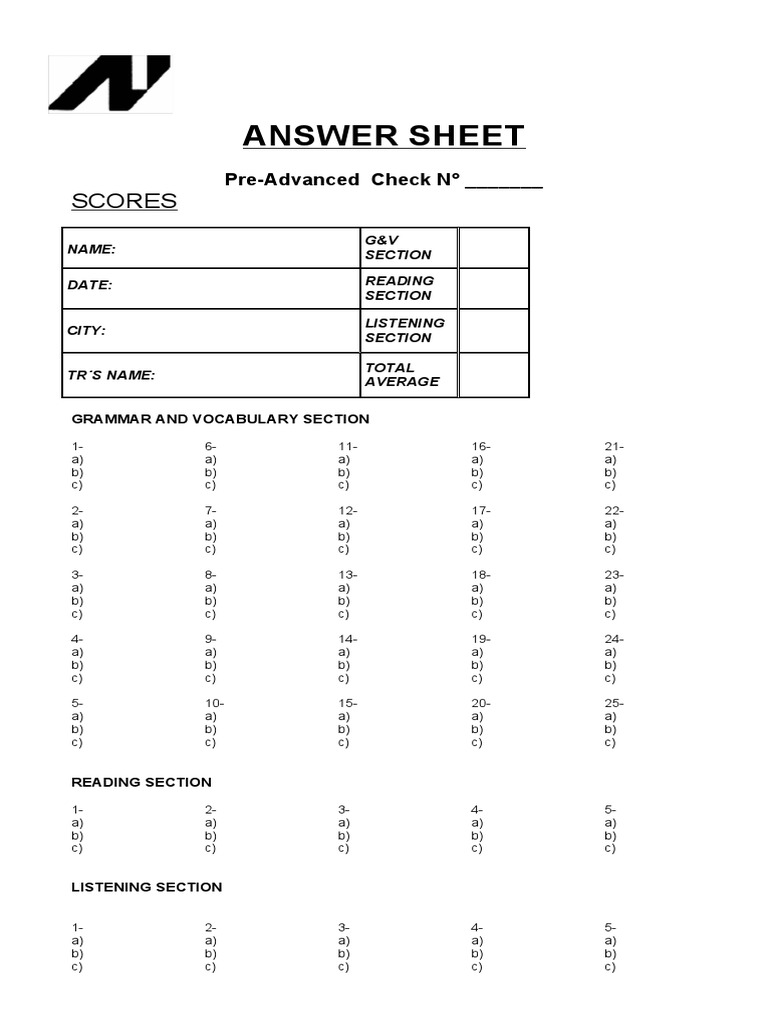 Pre-Advanced Exam Answer Sheet | PDF