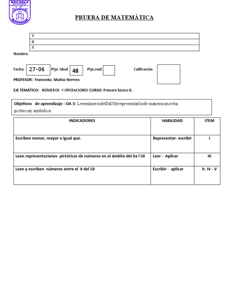 Prueba de Matematica Del 0 Al 50 | PDF