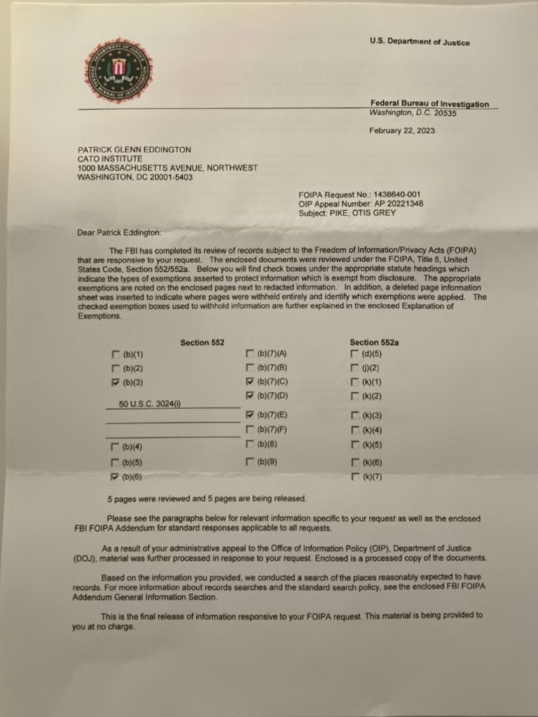 FBI Remand Release Rep Otis Pike-KCIA Activities 022223 | PDF | Freedom ...