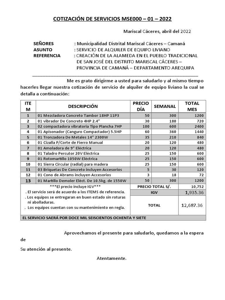 Cotización de Servicios Mse000 | PDF