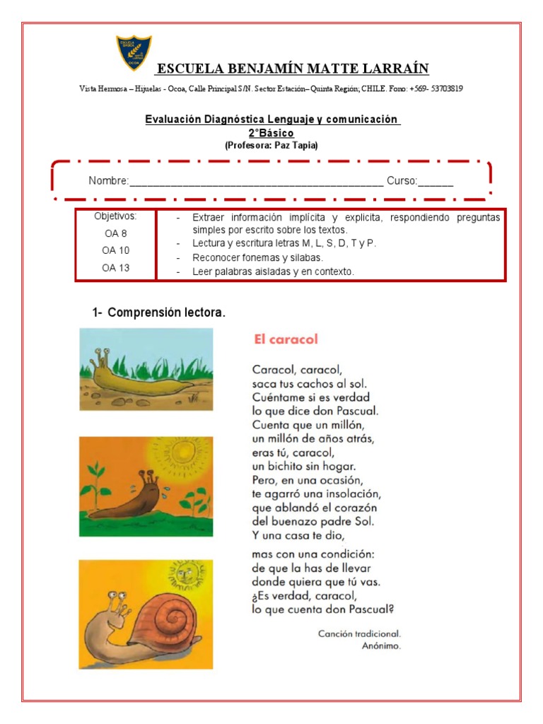 Evaluacion Diagnostica Lenguaje 2do Básico Marzo 2023 | PDF