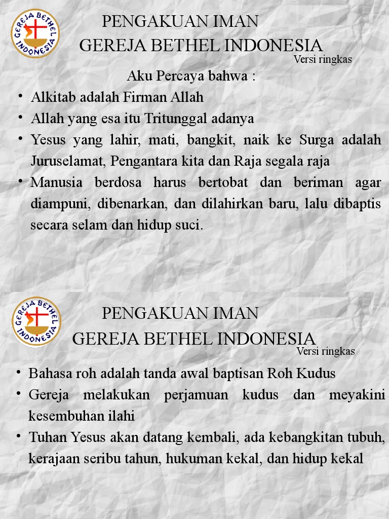 PENGAKUAN IMAN GBI Ringkas | PDF