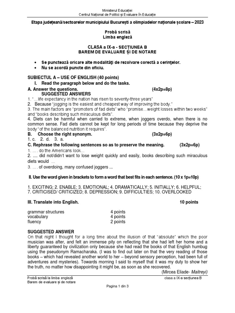 Engleza Cls A 9 A B Bar2023 | PDF | Vocabulary | Essays