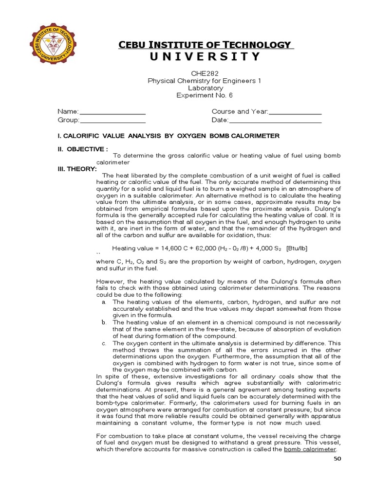 Expt. No. 6 Calorific Value Analysis by Oxygen Bomb Calorimeter | PDF | Combustion | Oxygen