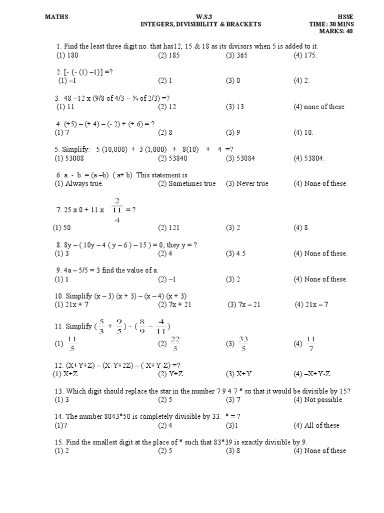 WS-3 Integers, Divisibility & Brackets) | PDF | Mathematics | Number Theory