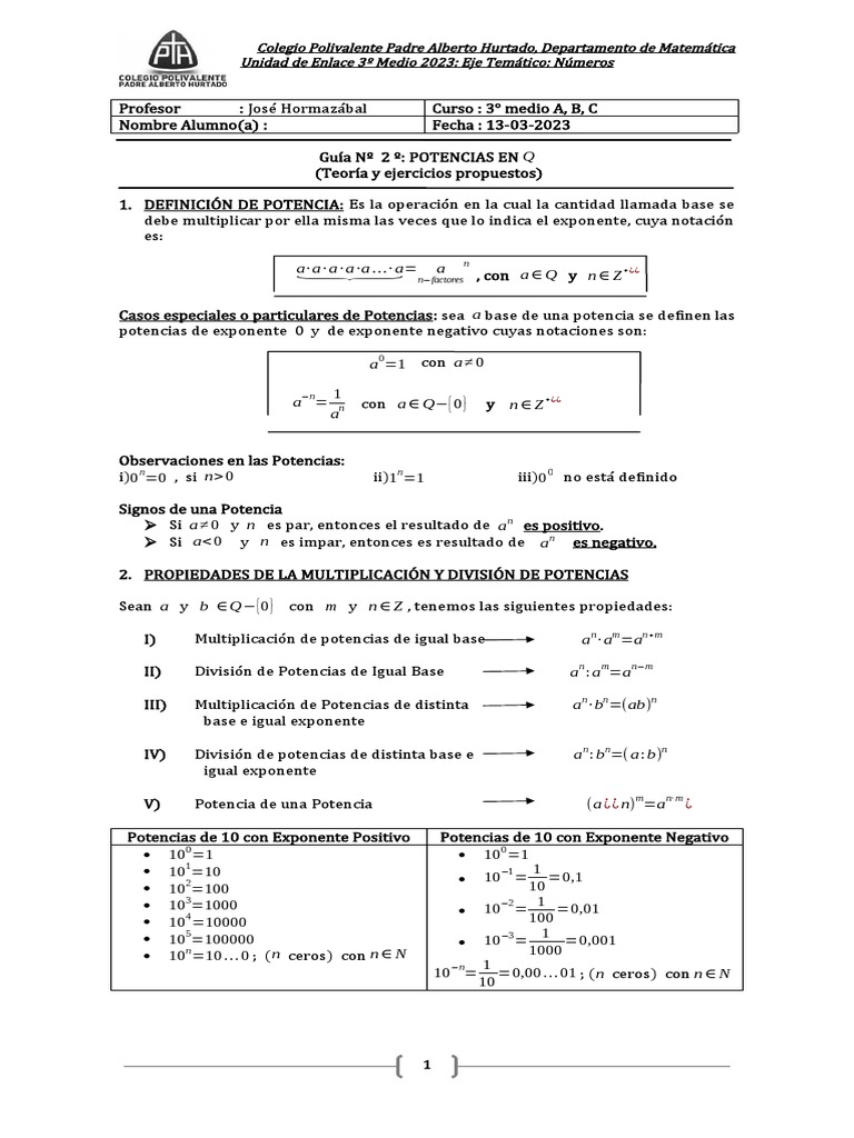 Potencias en Los Números Guía #2 Racionales | PDF | Exponenciación | Multiplicación