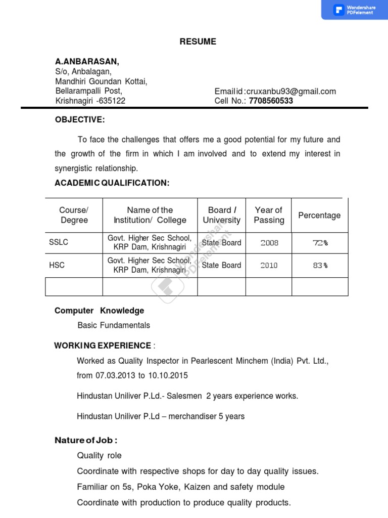 Anbarasu Resume PDF | PDF