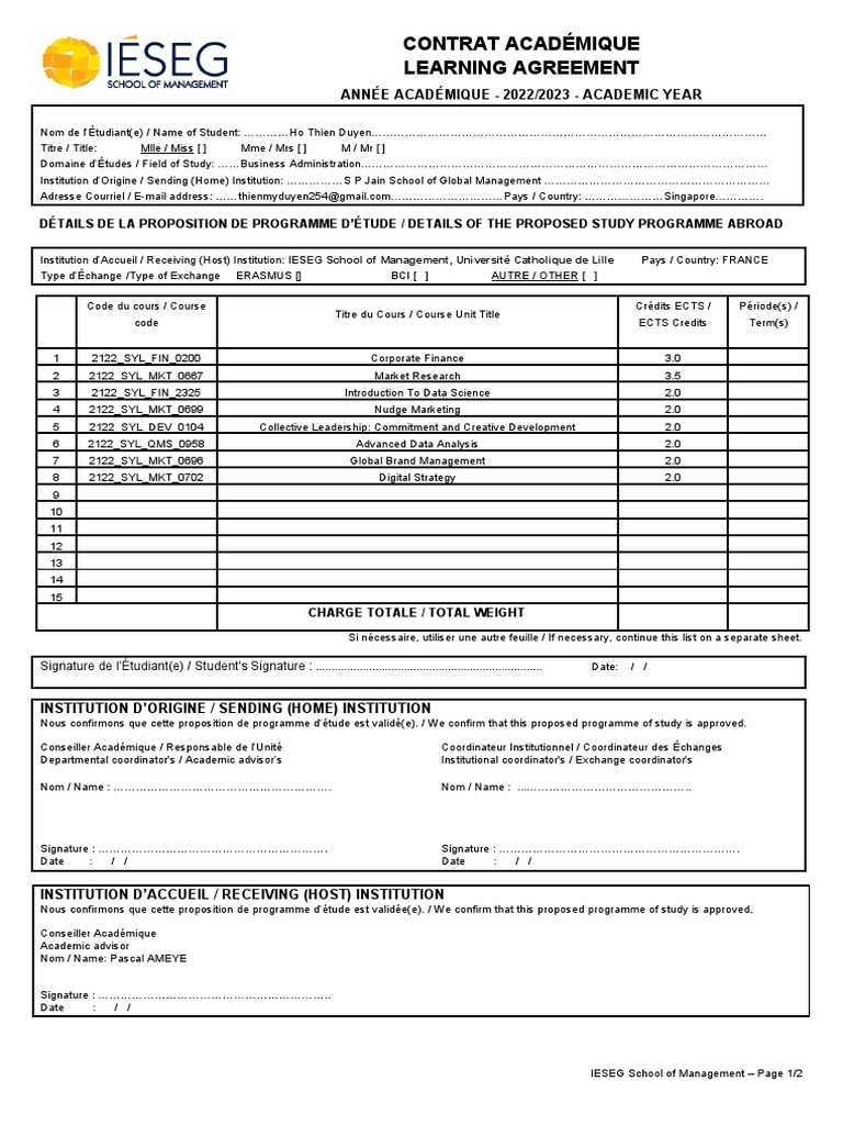 Learning Agreement | PDF | Business | Économie